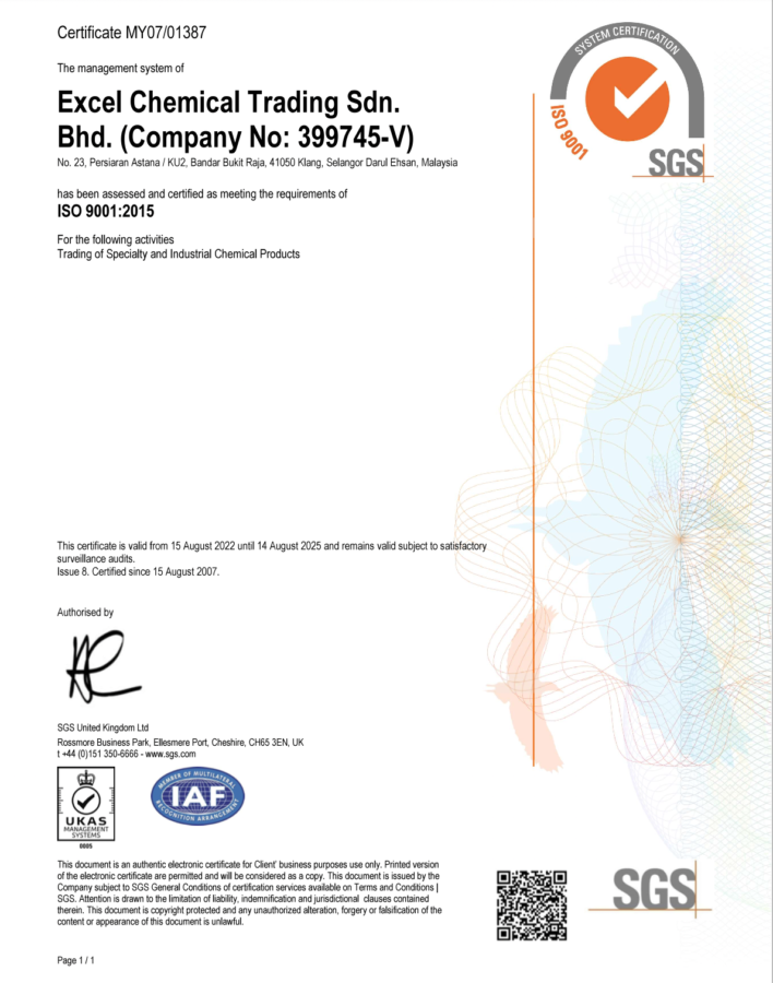 ISO 9001-2015 UKAS - Excel Chemical Trading Sdn Bhd