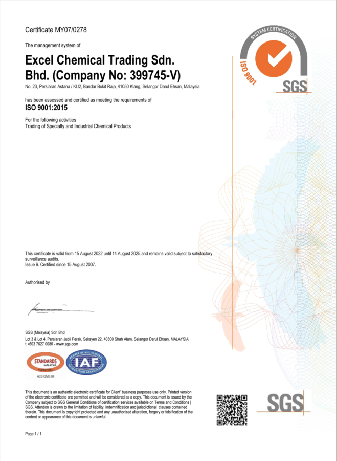 ISO 9001-2015 UKAS - Excel Chemical Trading Sdn Bhd